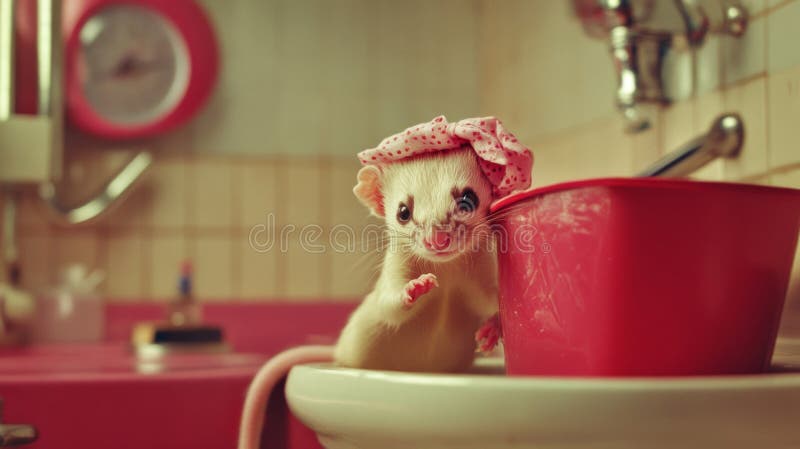 Cute White Mouse in Pink Bathroom Taking a Bath Stock Illustration ...