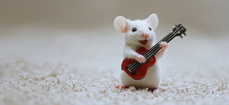 Cute White Mouse Playing Tiny Red Guitar on Soft Carpet Background ...