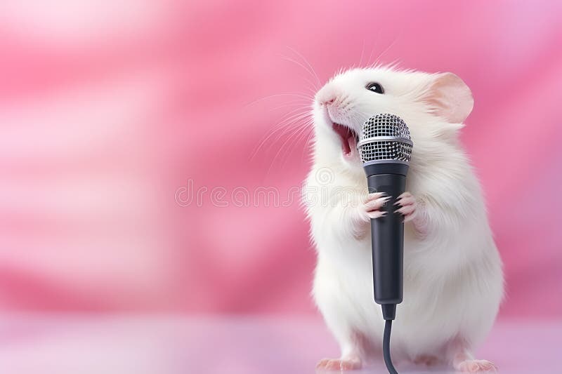 Cute White Mouse Singing with Microphone Stock Illustration ...