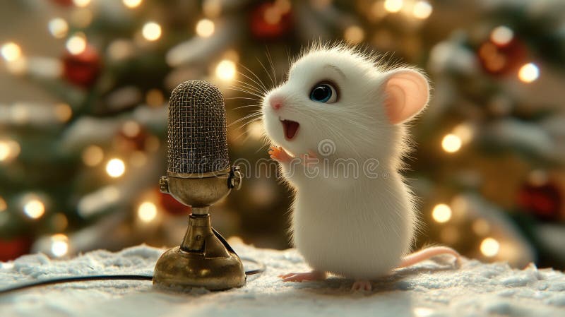 Cute White Mouse Singing into Vintage Microphone with Festive Bokeh ...