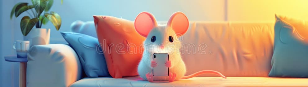 Cute White Mouse Sitting on a Couch with Pillows Stock Illustration ...