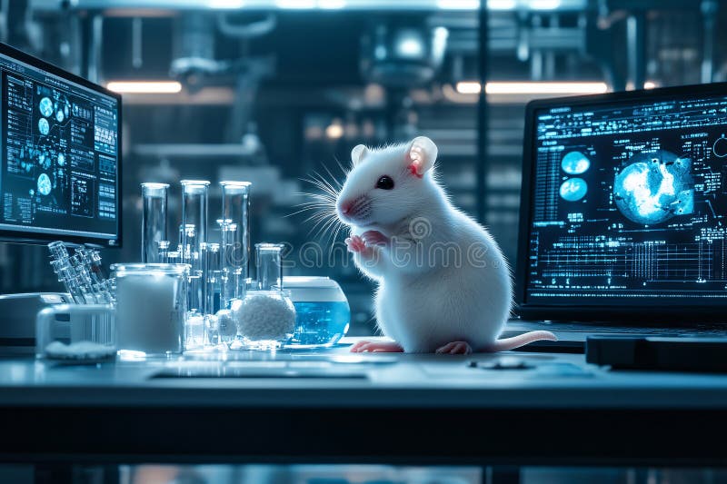 Cute White Mouse Sitting on the Table in Modern Lab Stock Illustration ...