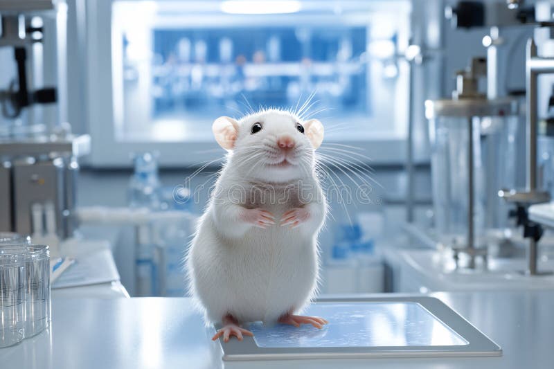 Cute White Mouse Sitting on the Table in Modern Lab Stock Illustration ...