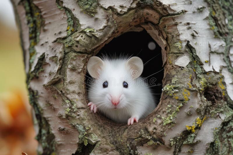 Cute White Mouse in the Tree Hole Stock Illustration - Illustration of ...
