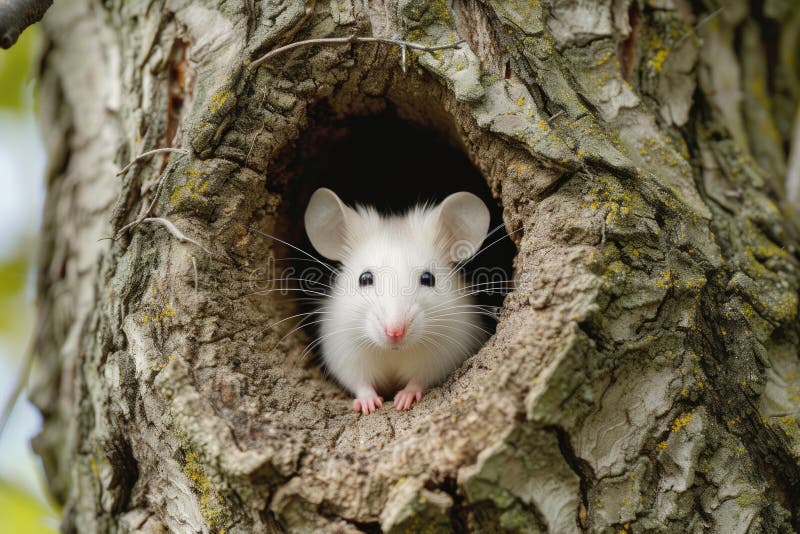 Cute White Mouse in the Tree Hole Stock Illustration - Illustration of ...