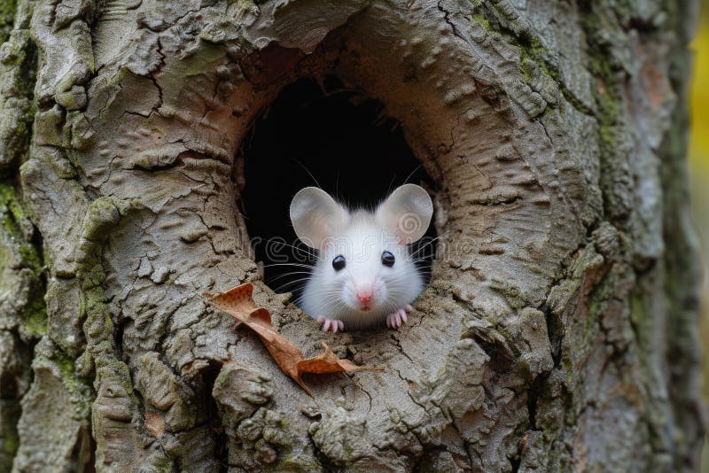 Cute White Mouse in the Tree Hole Stock Illustration - Illustration of ...
