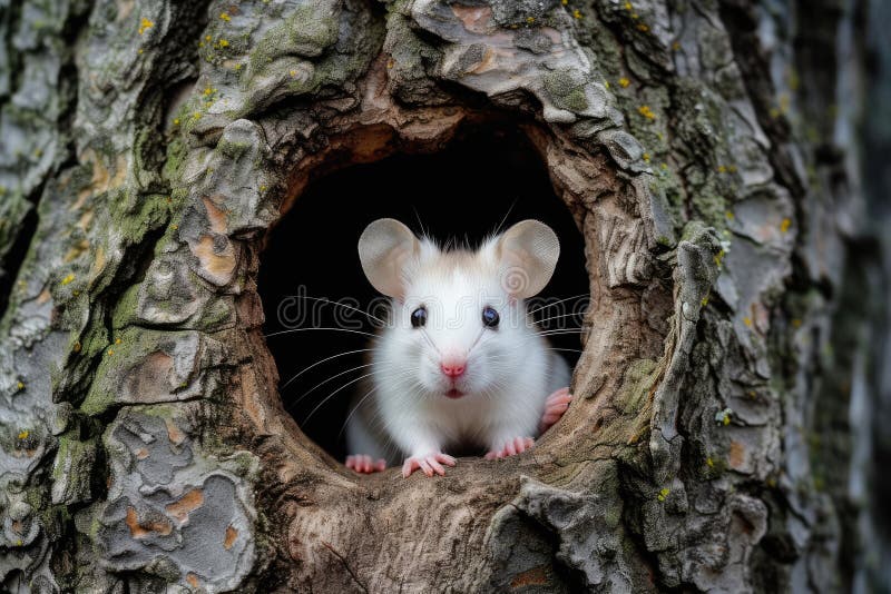 Cute White Mouse in the Tree Hole Stock Illustration - Illustration of ...