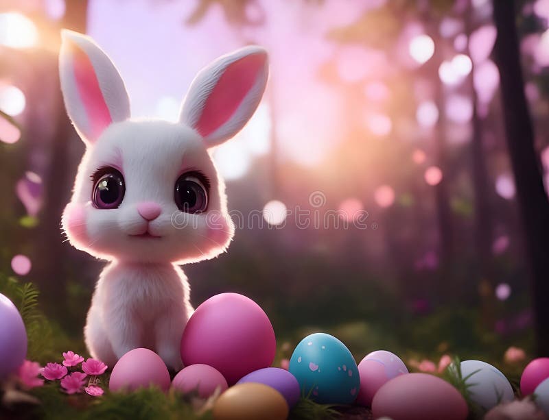 Cute White and Pink Easter Bunny with Easter Eggs in a Magical Forest ...