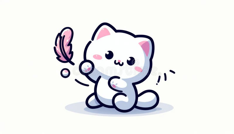 Cute White Pixel Cat Playing with a Pink Feather Stock Illustration ...