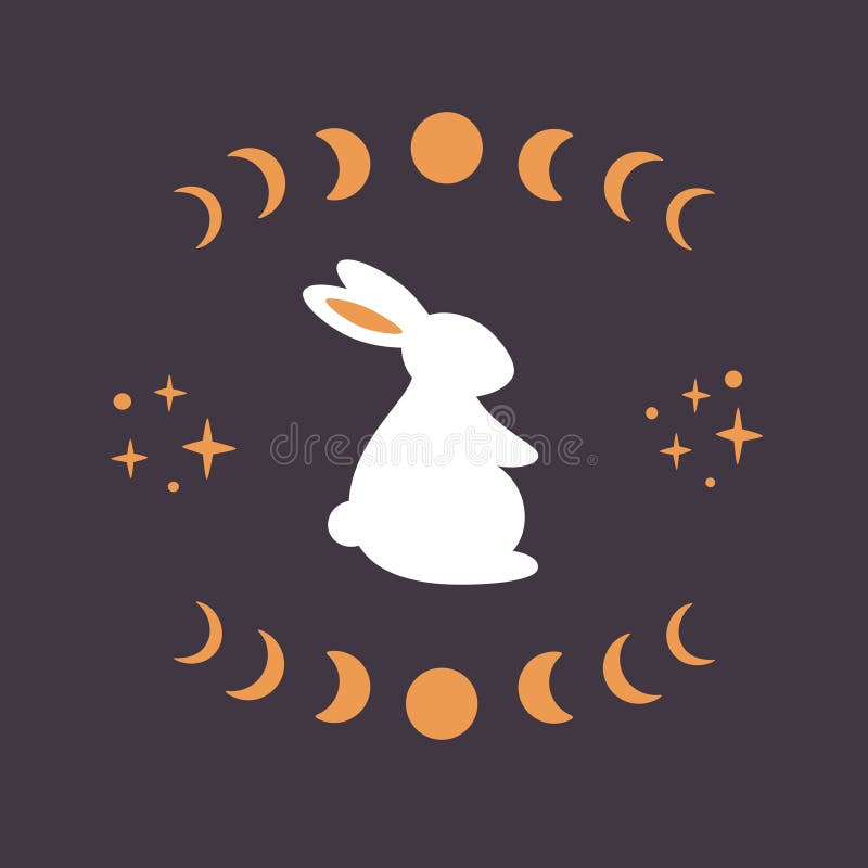 Cute White Rabbit with Astrological, Esoteric Elements. Moon Phases ...