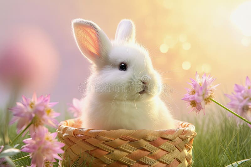 Cute White Rabbit in a Basket on Spring Meadow, Generative Ai Stock ...