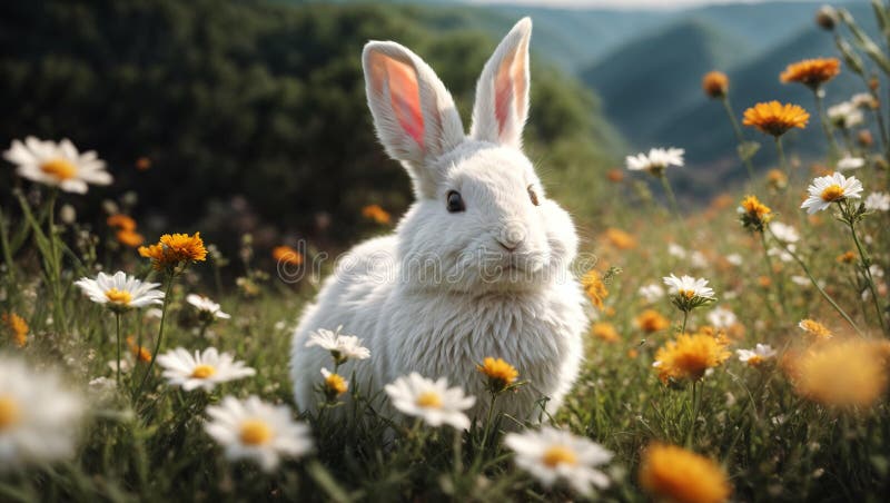 Cute White Rabbit in a Beautiful Meadow with Flowers Stock Photo ...