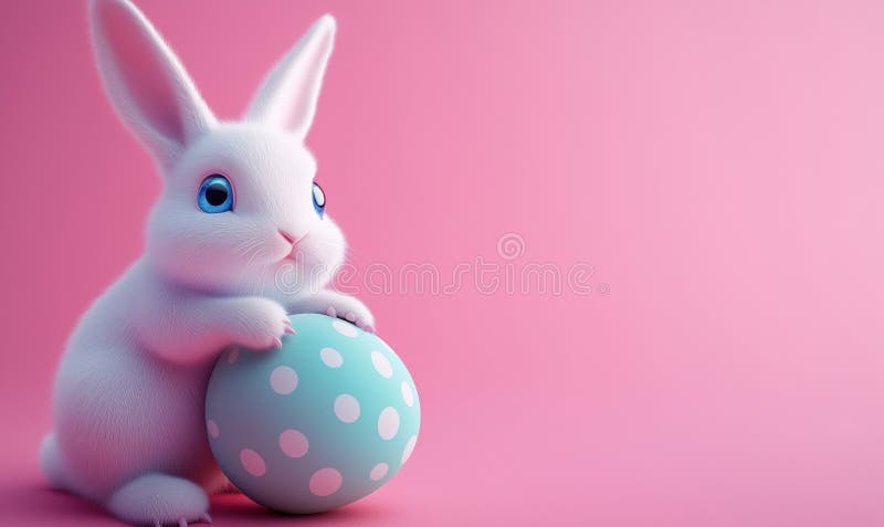 Cute White Rabbit with Blue Eyes Holding Polka Dot Easter Egg on Pink ...