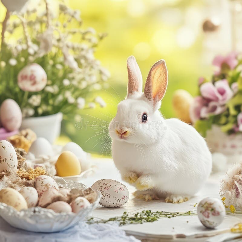Cute White Rabbit among Colorful Easter Eggs Stock Photo - Image of ...