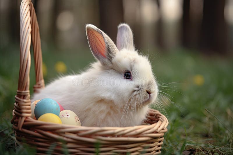 Cute White Rabbit with Easter Eggs in a Basket on Green Grass. AI ...