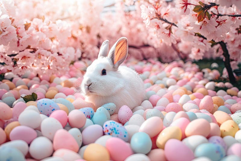 Cute White Rabbit and Easter Eggs in Spring Blooming Garden, Generative ...