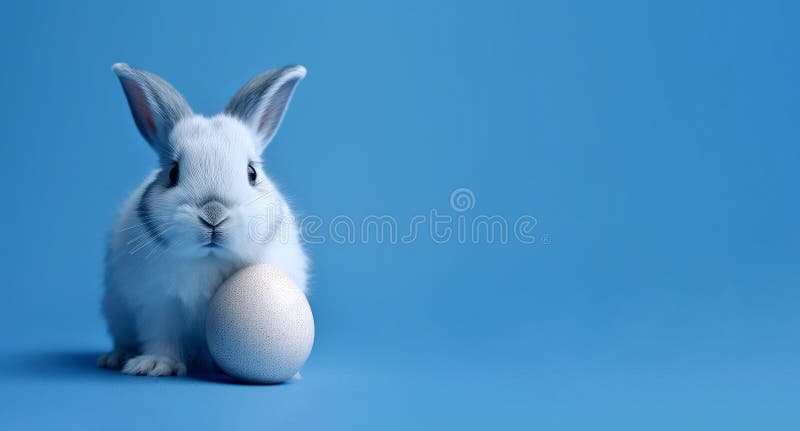 Cute White Rabbit and Egg on Blue Background. Easter Concept Stock ...