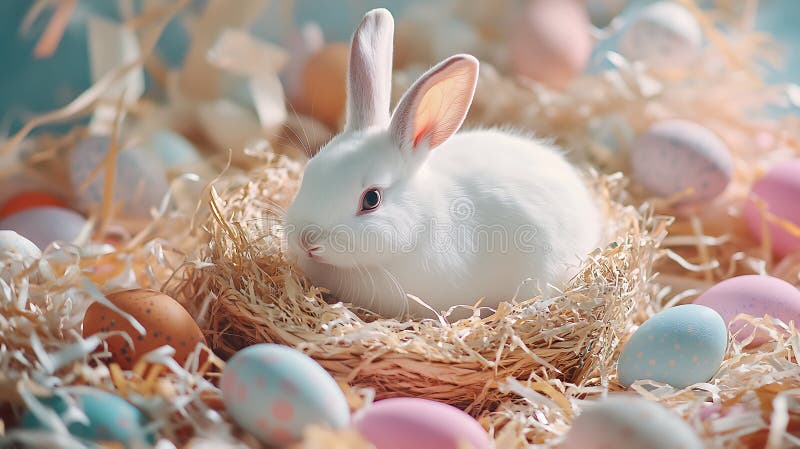 Cute White Rabbit with Few Pastel Colored Easter Eggs with Blurry ...