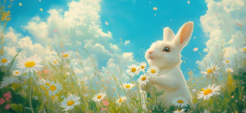 Cute White Rabbit in a Field of Daisies Under a Bright Blue Sky with ...