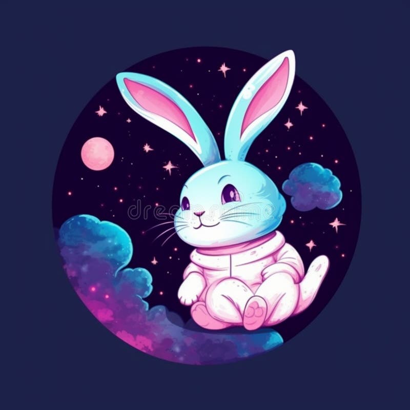 Cute White Rabbit in the Moon Background Cartoon Illustration Stock ...
