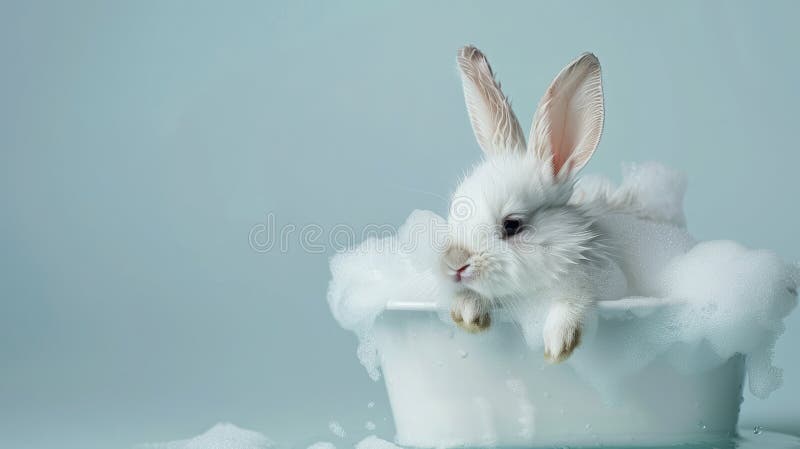 Cute White Rabbit Getting a Bath in a Small Tub, Feeling Fresh and ...