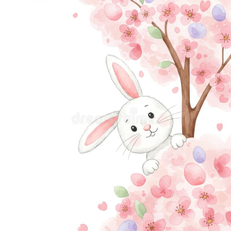 Cute White Rabbit Hiding Behind Pink Cherry Blossoms Stock Photo ...