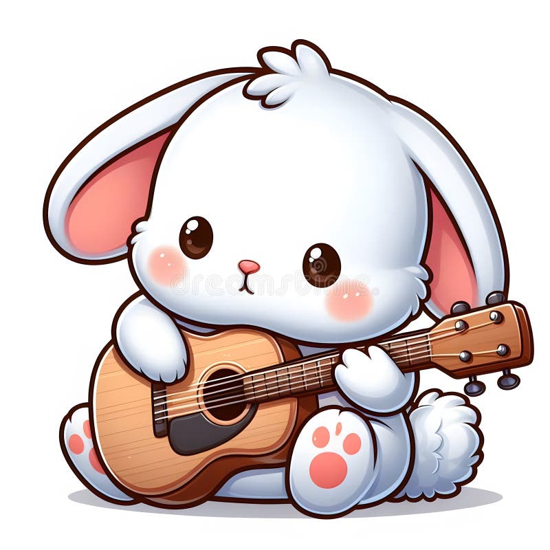 Cute White Rabbit Holding Guitar While Daydream Printable Design Stock