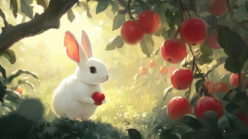 Cute White Rabbit Holding a Red Apple Under Apple Tree Stock Photo ...