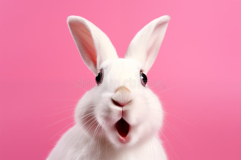 Cute White Rabbit with Impressed Expression Isolated on Pink Background ...