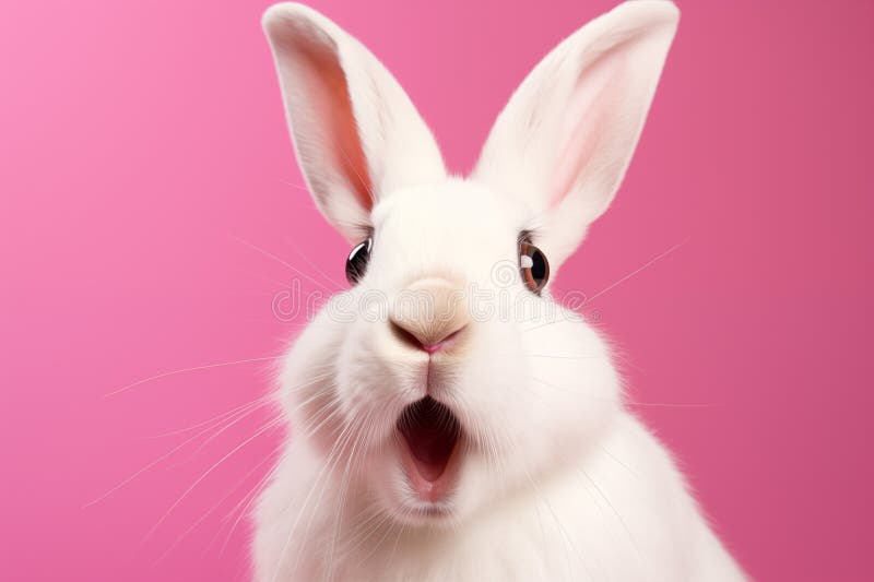 Cute White Rabbit with Impressed Expression Isolated on Pink Background ...
