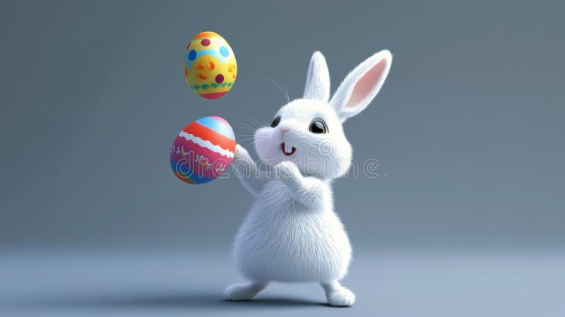 Cute White Rabbit Juggling Colorful Easter Eggs in a Playful Indoor ...