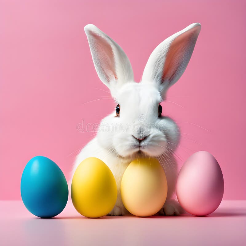 Single White Rabbit with Four Colored Easter Eggs on Pink Background ...