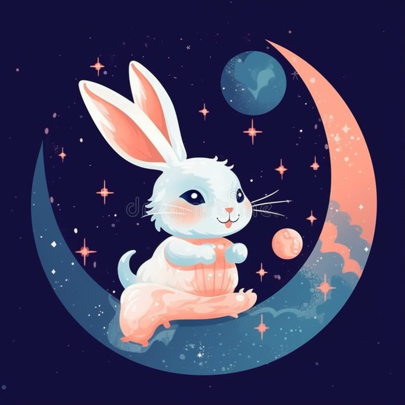 Cute White Rabbit in the Moon Background Cartoon Illustration Stock ...