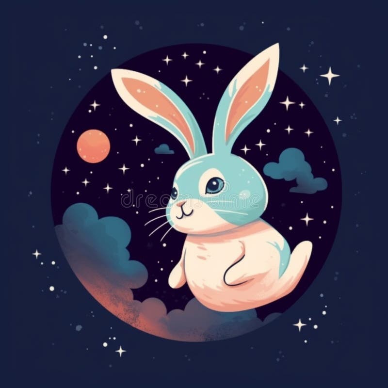 Cute White Rabbit in the Moon Background Cartoon Illustration Stock ...