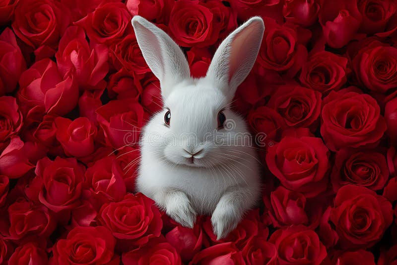 Adorable White Rabbit among Vibrant Red Roses Easter and Spring Concept ...