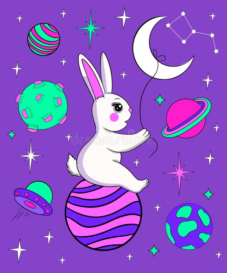 Cute White Rabbit in Open Space. Cartoon Vector Illustration Stock ...