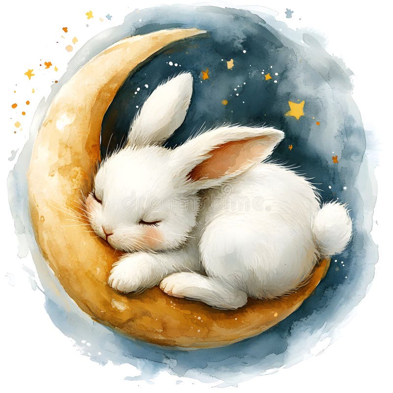 Cute White Rabbit Peacefully Sleeping on a Crescent Moon Surrounded by ...