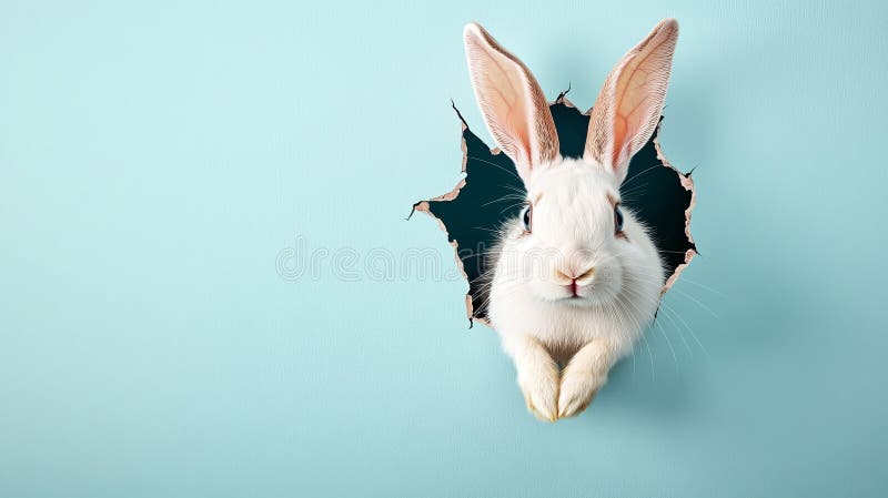 Cute White Rabbit Peeking through Hole in Pastel Blue Paper Background ...