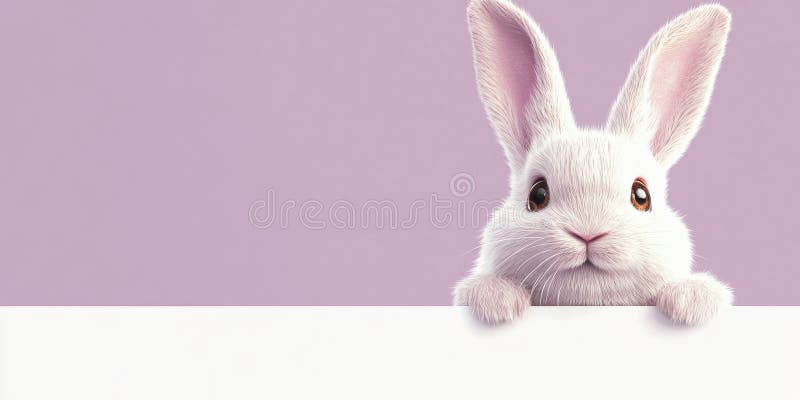 Cute White Rabbit Peeking Over White Surface with Curious Expression ...