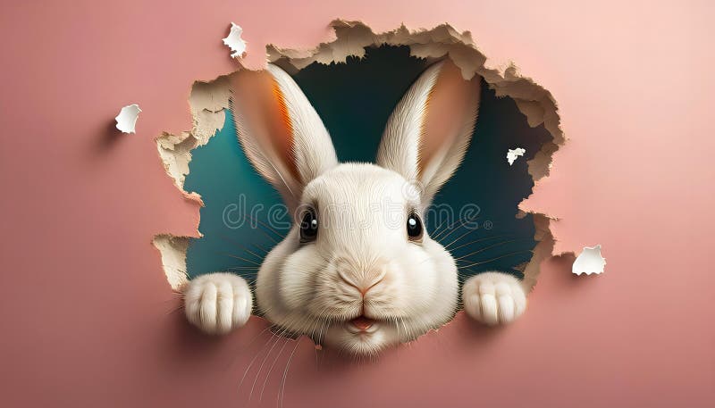 A Cute White Rabbit Peeks through a Hole in a Pink Wall, with Its Paws ...