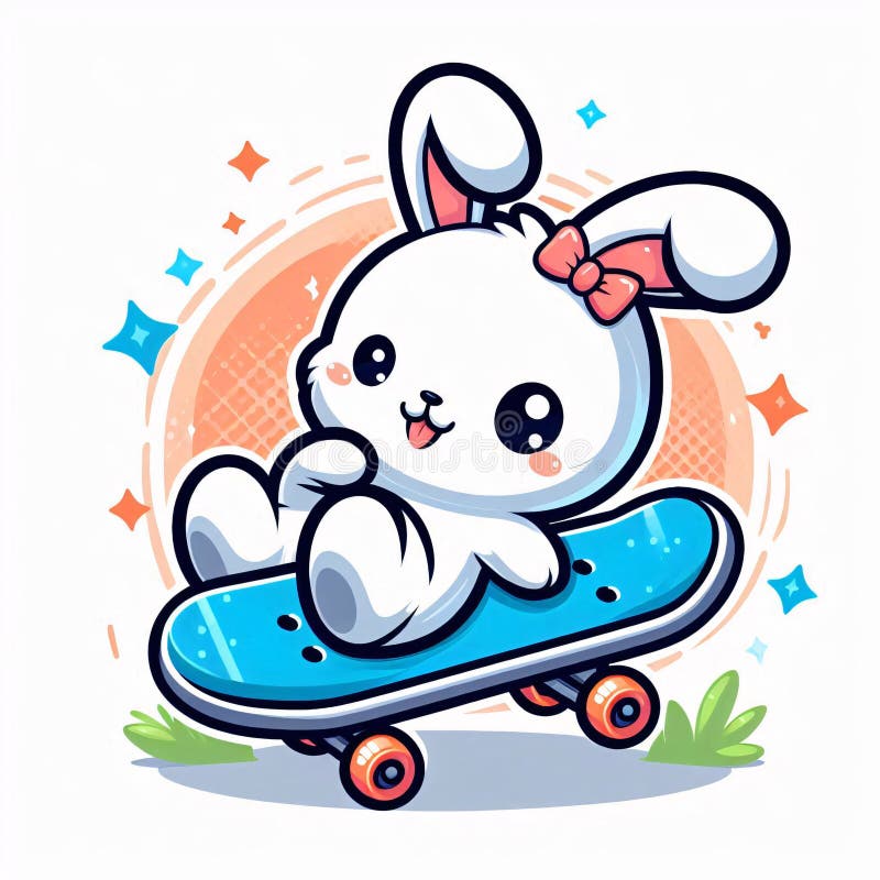 Cute White Rabbit Playing Skateboard Prints Design Stock Illustration