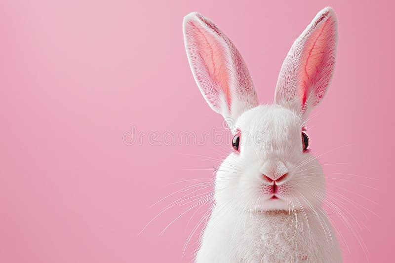 Cute White Rabbit Portrait in Studio with Soft Pink Background - Close ...