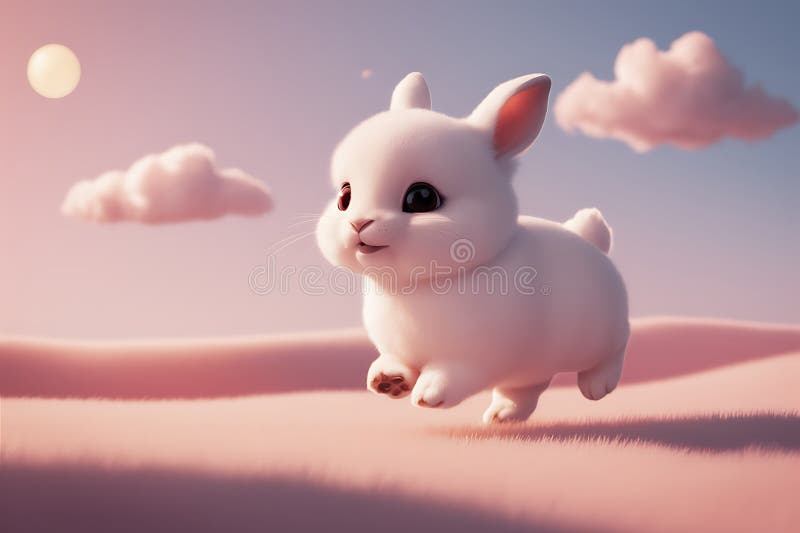Cute White Rabbit Running Against a Cloudy Background Stock ...