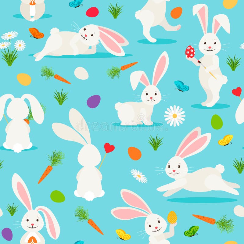 Cute White Rabbit Seamless Pattern Stock Vector - Illustration of ...
