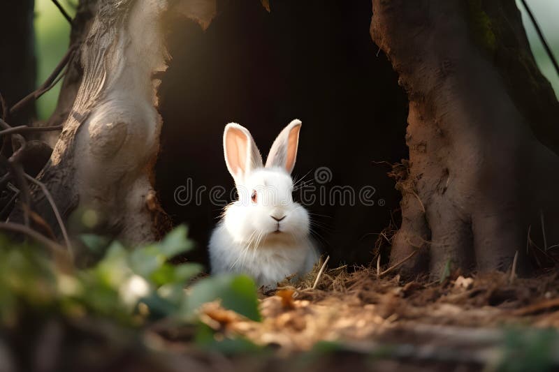 Cute White Rabbit in the Shade of a Tree in the Garden Stock ...