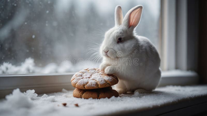 Adorable White Rabbit Enjoying Sweet Cookies on Snowy Windowsill Stock ...