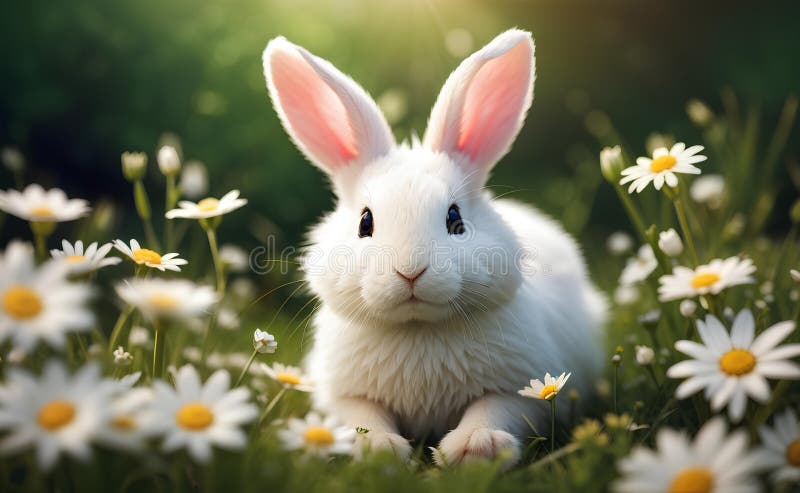 Cute White Rabbit Sitting in the Daisies Meadow Stock Image - Image of ...