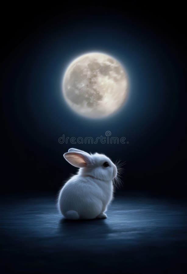 A Cute White Rabbit Sitting on a Dark Floor in Front of a Moon Stock ...