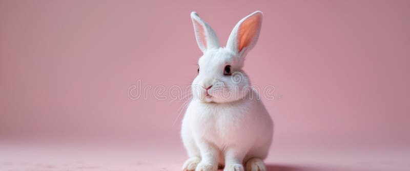 Cute White Rabbit Sitting on Pink Background Looking Backwards Stock ...