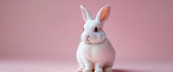 Cute White Rabbit Sitting on Pink Background Looking Backwards Stock ...
